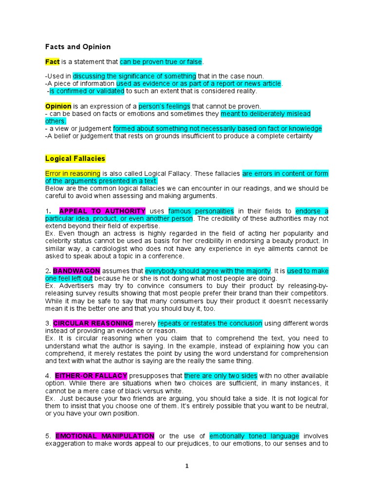 FACT-OPINION-logical-fallacies | PDF | Fallacy | Reason