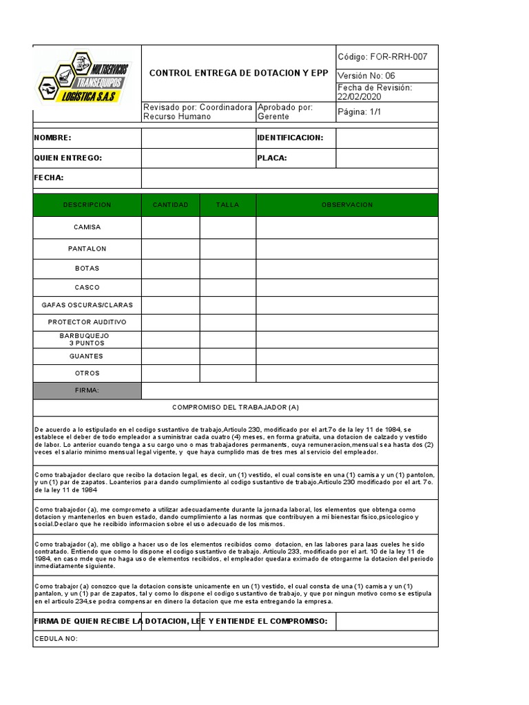 For-Rrh-007 Control Entrega de Dotacion y Epp Ver.6 | PDF | Salario | Economias