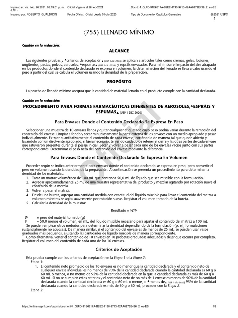 Llenado Mínimo según USP 755 | PDF | Densidad | Volumen