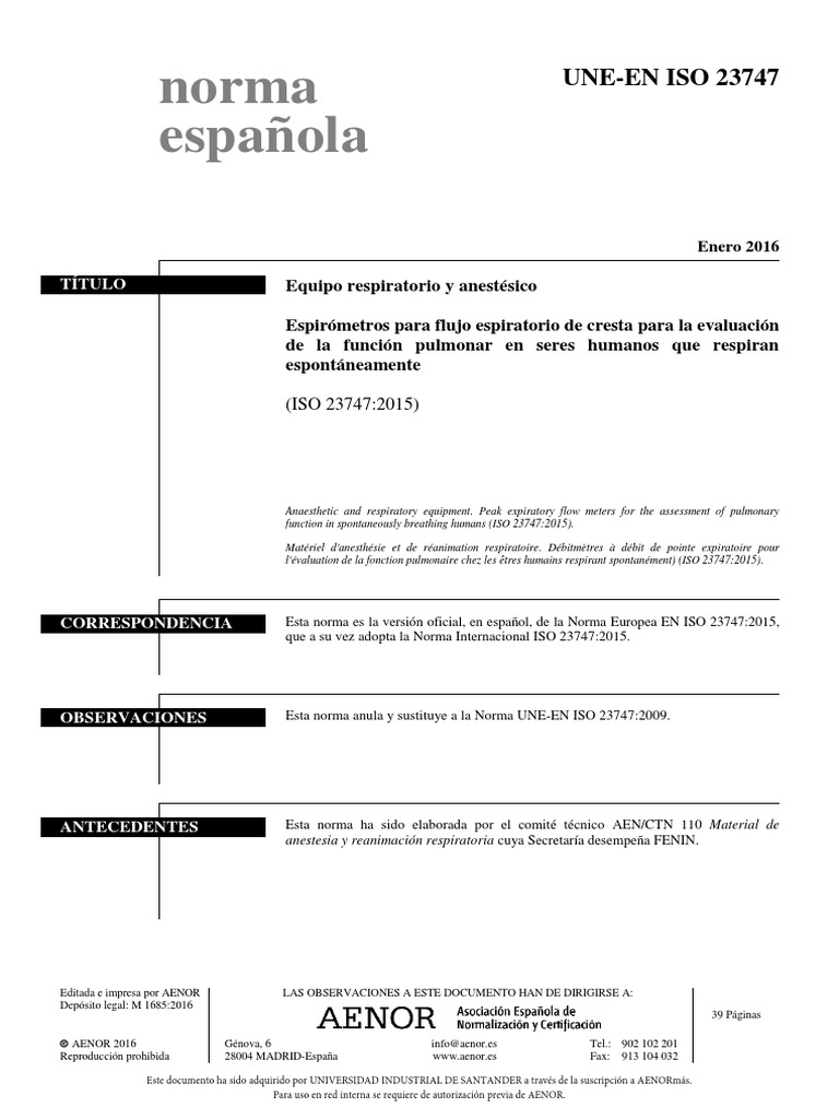 UNE EN ISO 23747 Espirómetro Fun. Pulmonar en Seres Humanos | PDF | Organización internacional ...