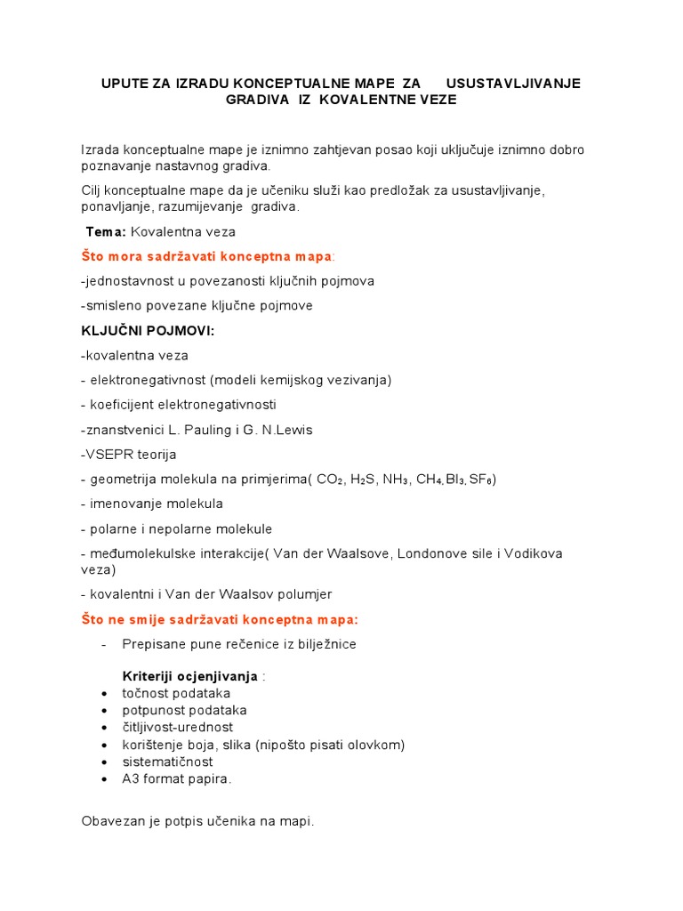 UPUTE ZA IZRADU KONCEPTUALNE MAPE-kovalentna Veza | PDF