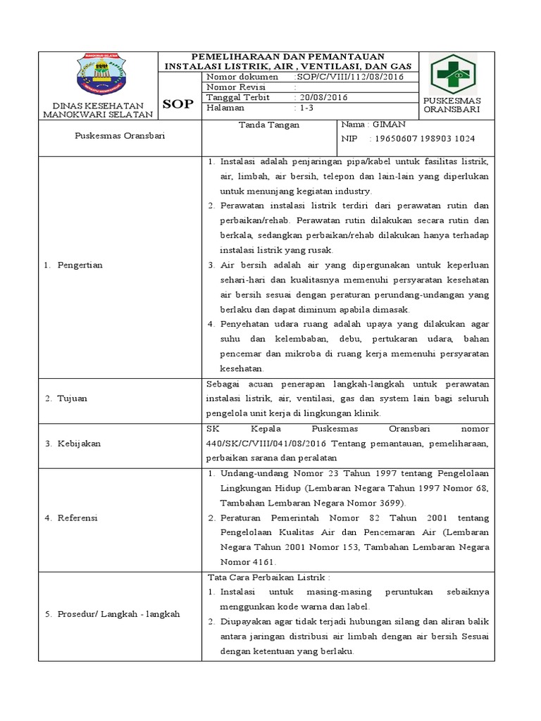 Sop Pemeliharaan Dan Pemantauan Instalasi Listrik, Air, Ventilasi, Gas, Dan Sistem Lain | PDF