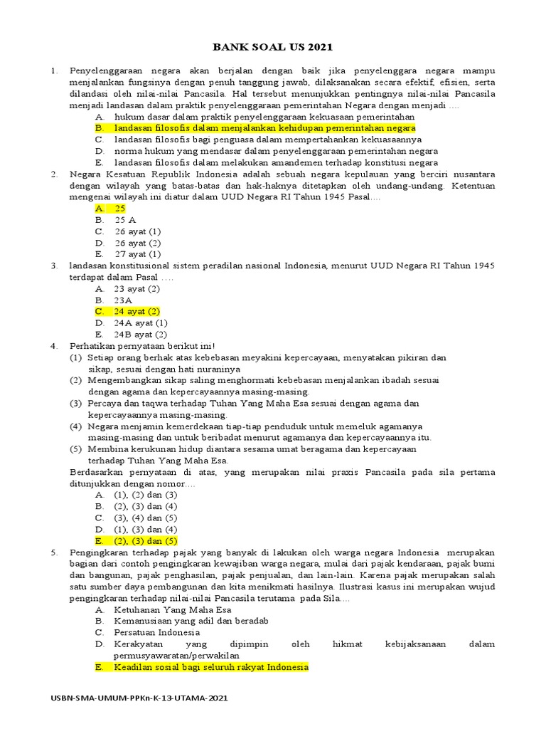 Bank Soal US PKN JAWABAN 2021 | PDF