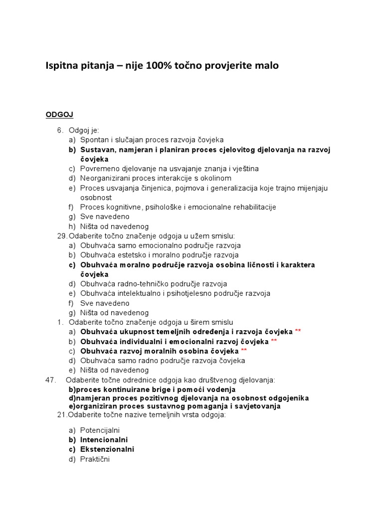 Pedagogija - Spojeno - Ispitna Pitanja 99pitanja | PDF