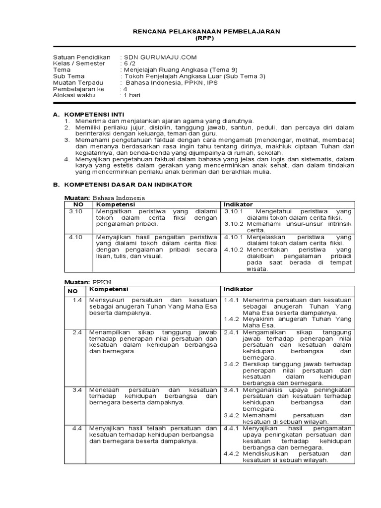 Rencana Pelaksanaan Pembelajaran (RPP) : Bahasa Indonesia | PDF