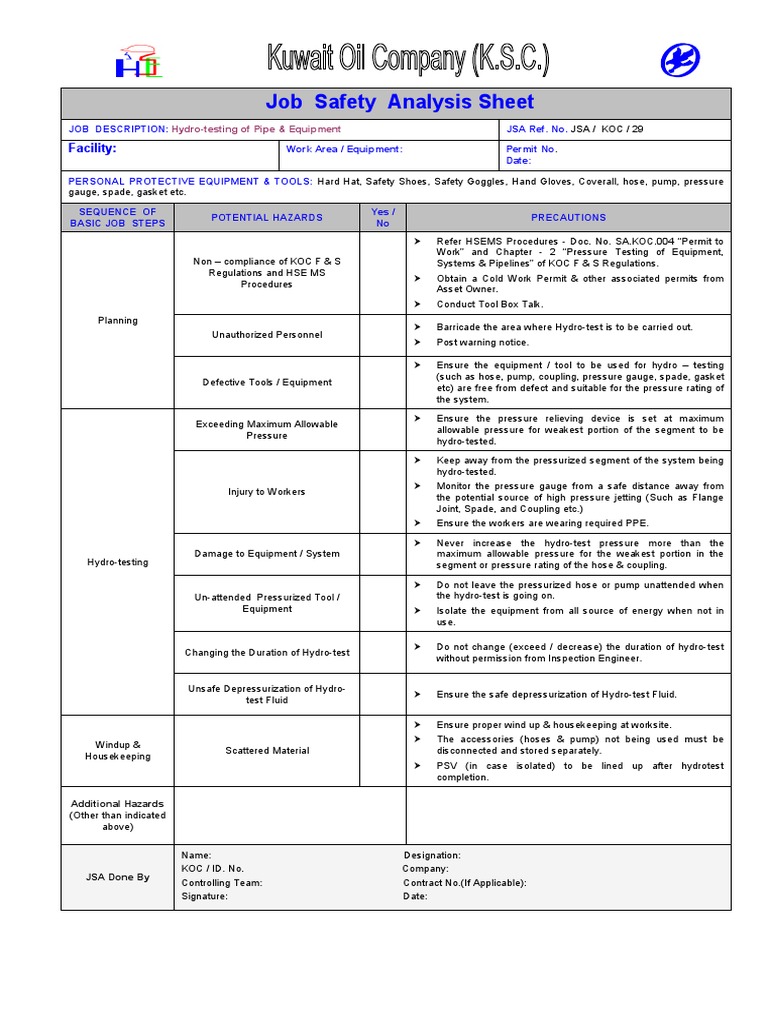 JSA - Hydro-Testing of Pipe & Equipment | PDF | Pump | Personal ...