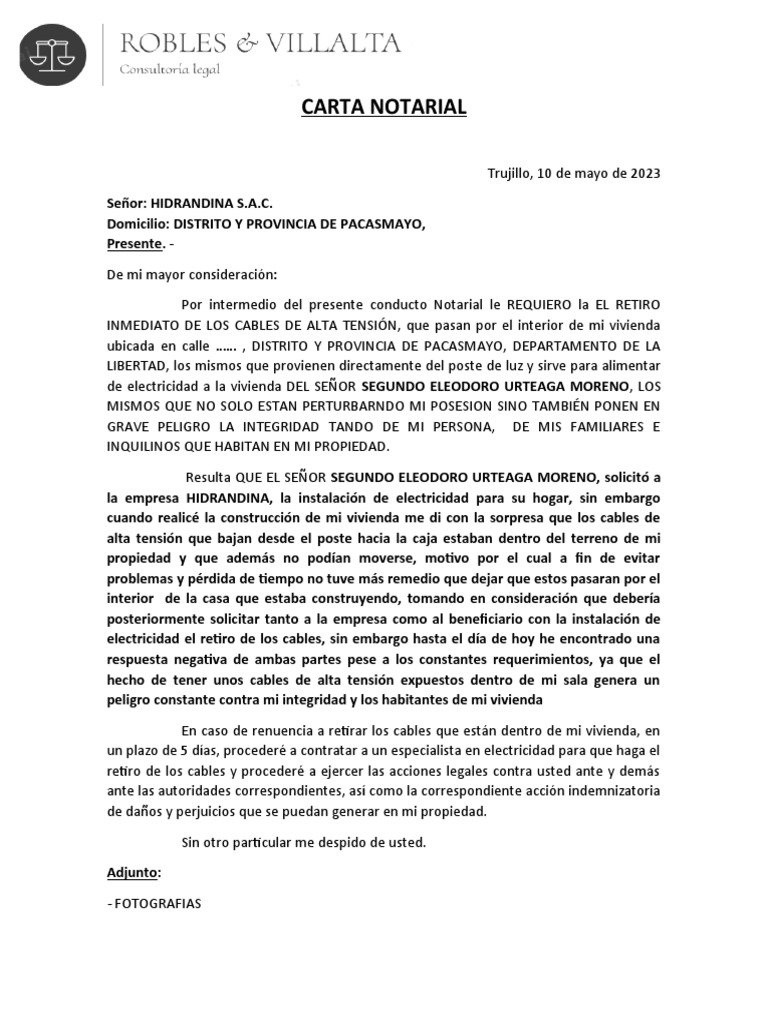 Carta Notarial Mery Urteaga... Hidrandina | PDF