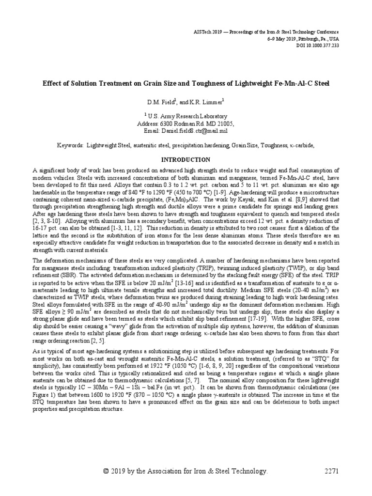 Effect of Solution Treatment On Grain Size and Toughness of Lightweight ...