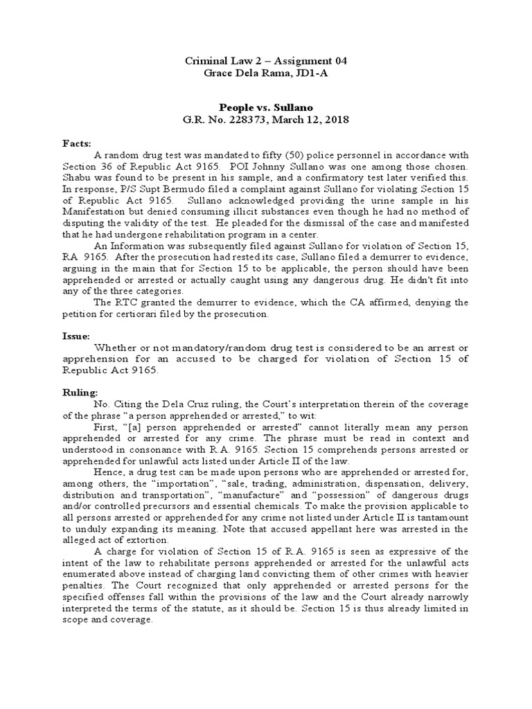 People vs. Sullano: Mandatory Drug Tests Do Not Constitute an Arrest or ...