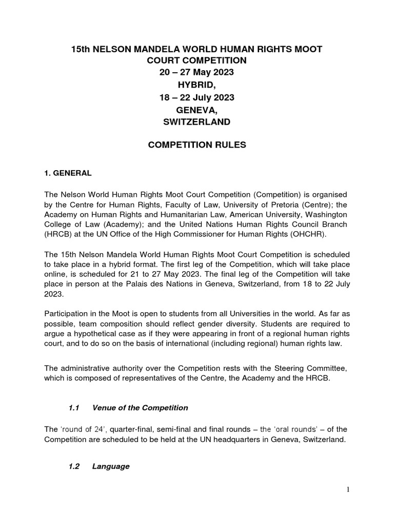 15th Nelson Mandela Moot Court Competition Rules | PDF | Complaint | Human Rights