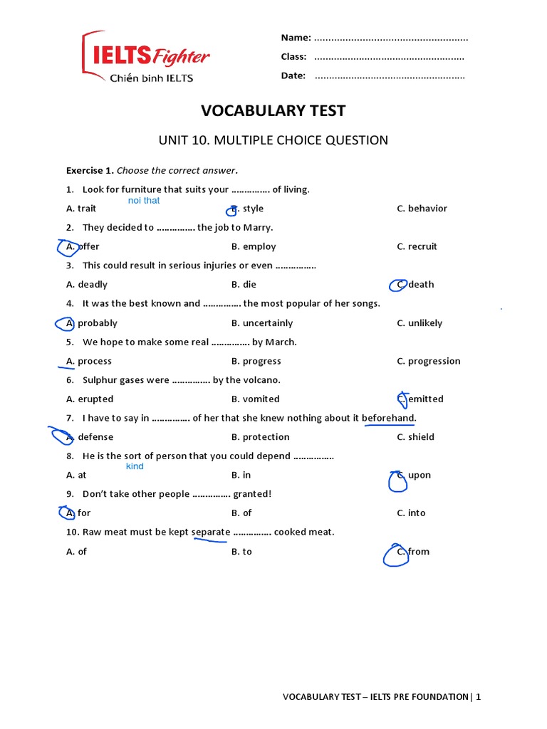 VOCAB TEST 10. UNIT 10. Multiple Choice Question PDF | PDF