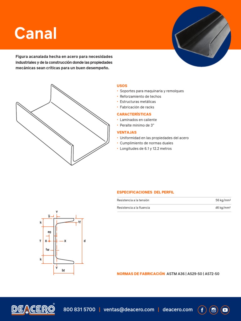 Canales Estructurales Deacero Ficha Tecnica | PDF | Ingeniería de Edificación | Rieles