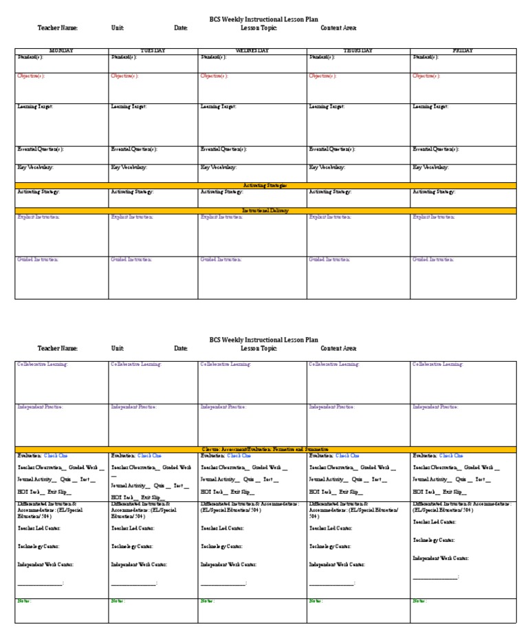 BCS Weekly Lesson Plan Template | PDF | Differentiated Instruction | Lesson Plan