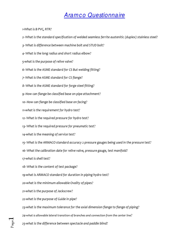 Piping Inspectors Aramco Questionnaire | PDF | Valve | Pipe (Fluid ...