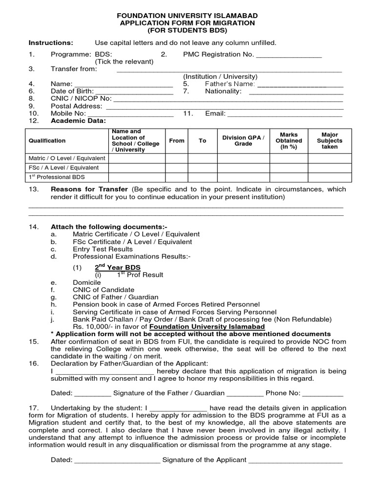 BDS Migration Application Form FUI | PDF | Dental Degree
