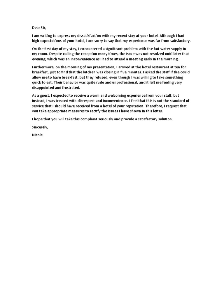 Dissatisfied Guest: Complaint Letter Regarding Poor Service and ...