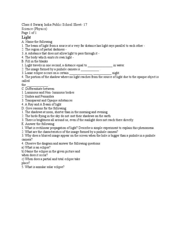 Class 6 Swaraj India Public School Sheet | PDF