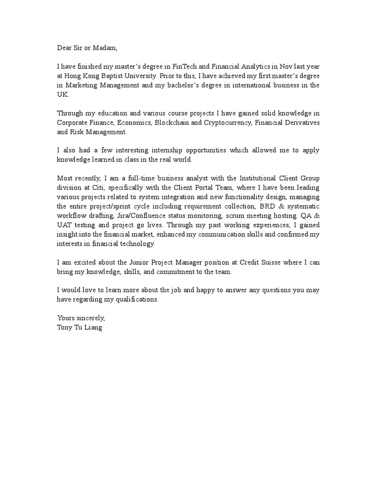 Cover Letter - Credit Suisse - Project Manager | PDF Cover Letter - Credit Suisse - Project Manager | PDF