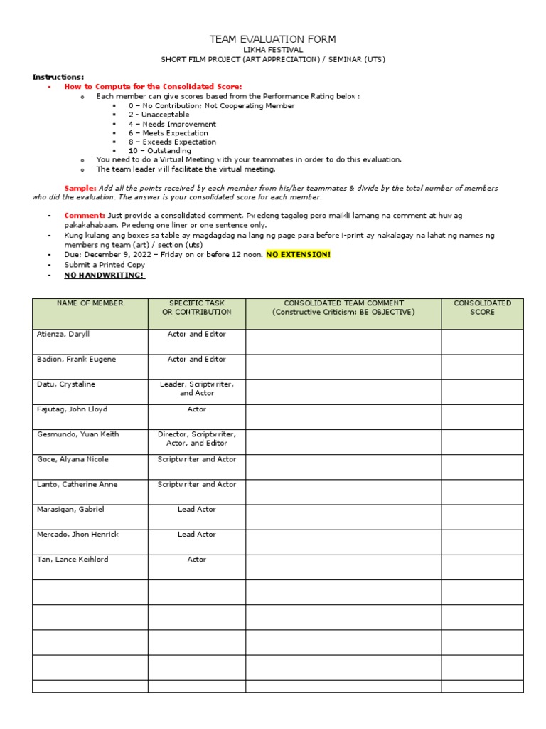 Team Evaluation Form for Short Film Project | PDF