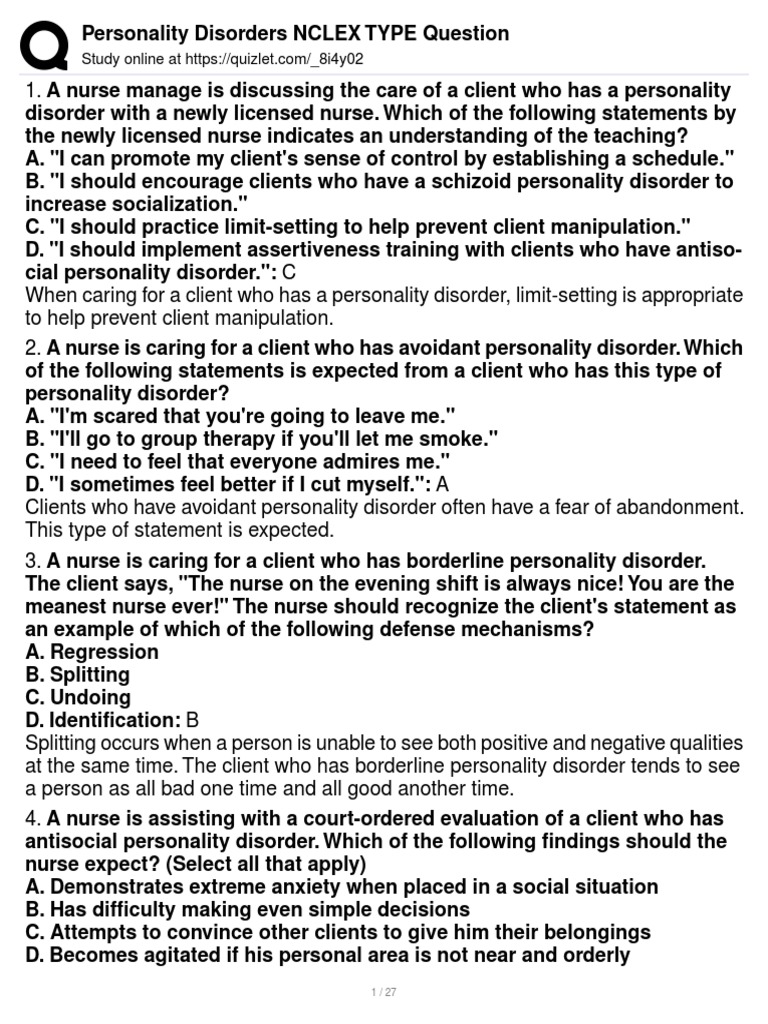 NCLEX Questions on Personality Disorders | PDF | Personality Disorder ...