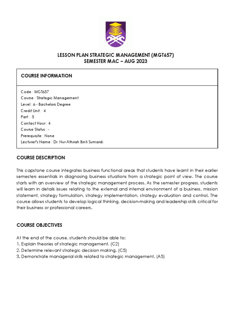 Lesson Plan Sem Mac - Aug2023 (MGT657) | PDF | Strategic Management | Lesson Plan