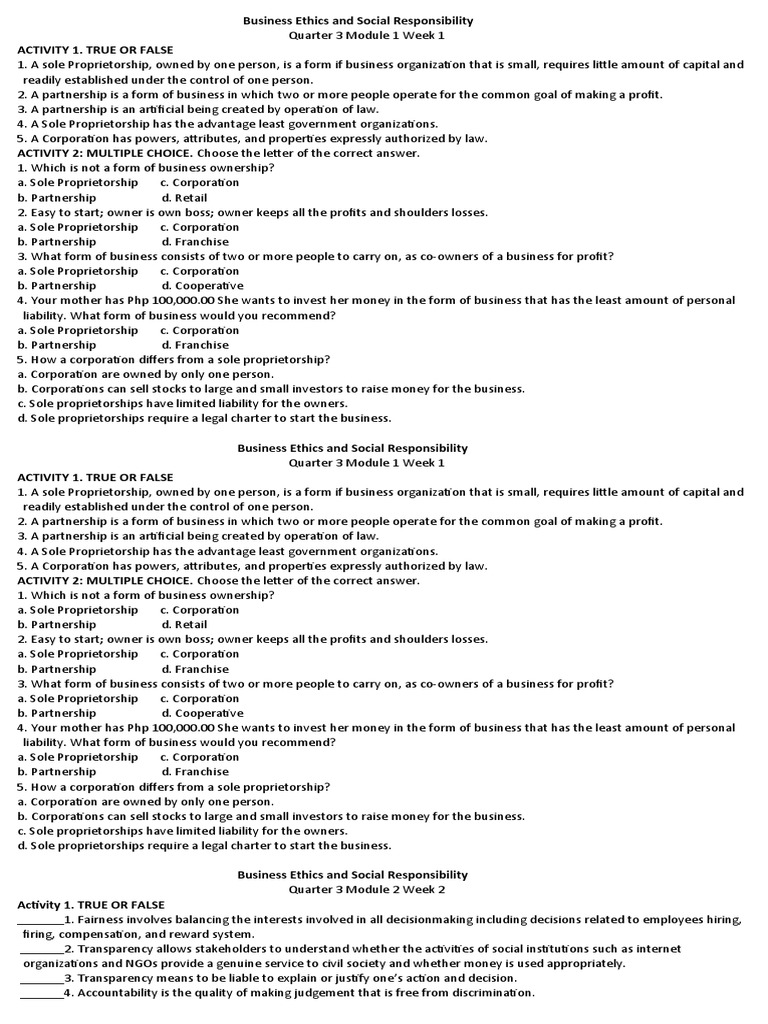 Business Ethics & Ownership Quiz | PDF | Corporations | Business Ethics