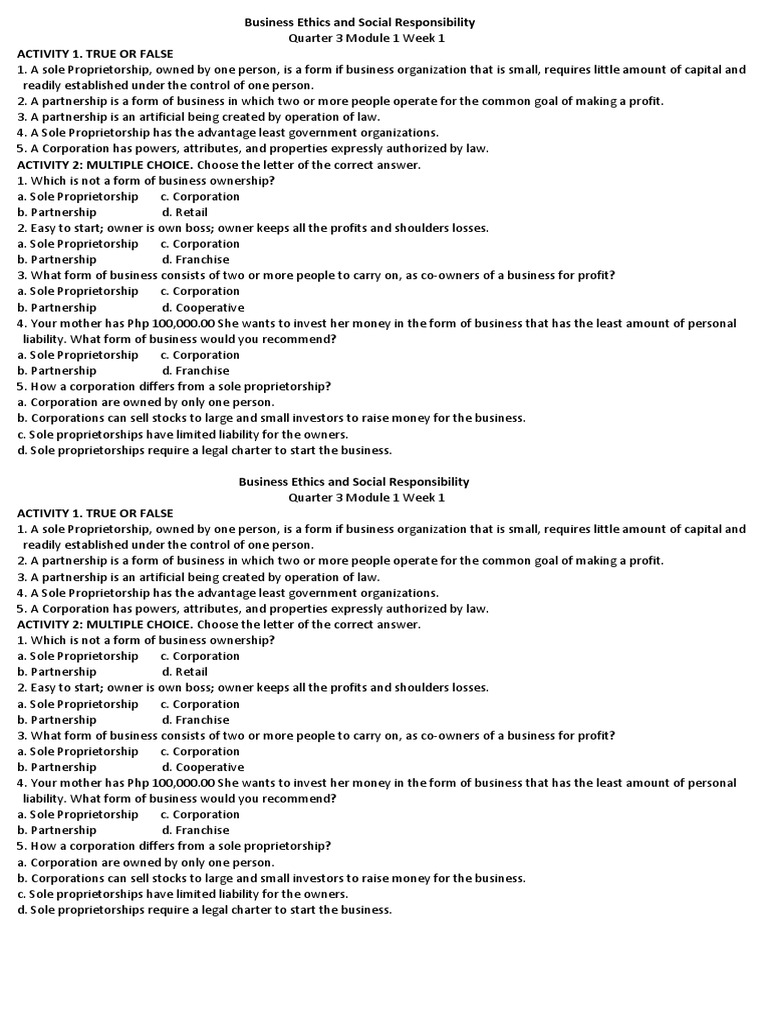 Business Ethics and Social Responsibility Quarter 3 M1 W1 Activity ...