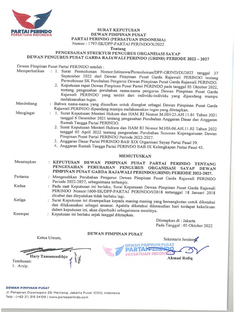 SK PENGESAHAN STRUKTUR PENGURUS ORGANISASI SAYAP DPP GRIND PERIODE 2022 ...