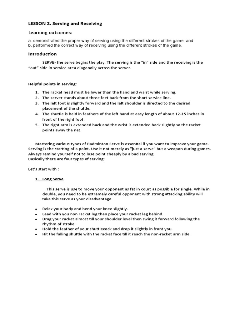 Learning Outcomes:: LESSON 2. Serving and Receiving | PDF | Sports ...