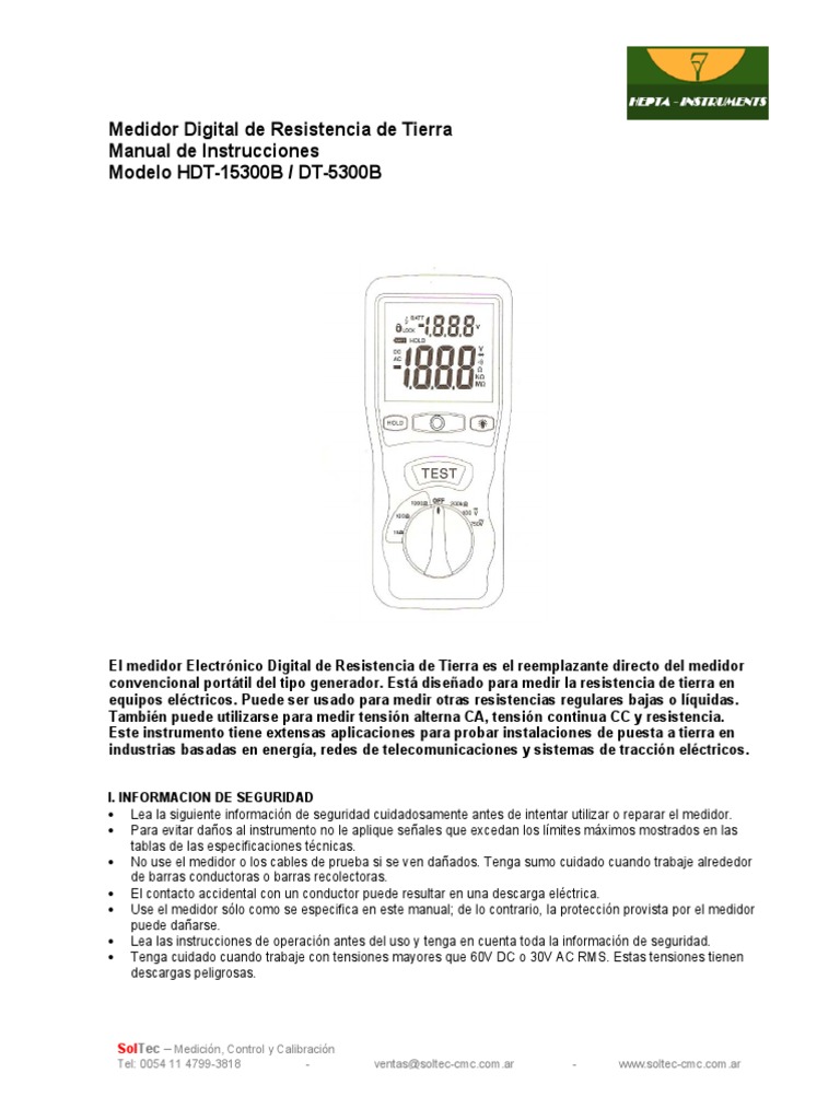 Medición de Resistencia de Tierra y Funciones Multímetro: Manual de Instrucciones para el ...