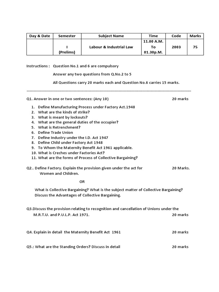 Labour & Industrial Law Exam Paper | PDF