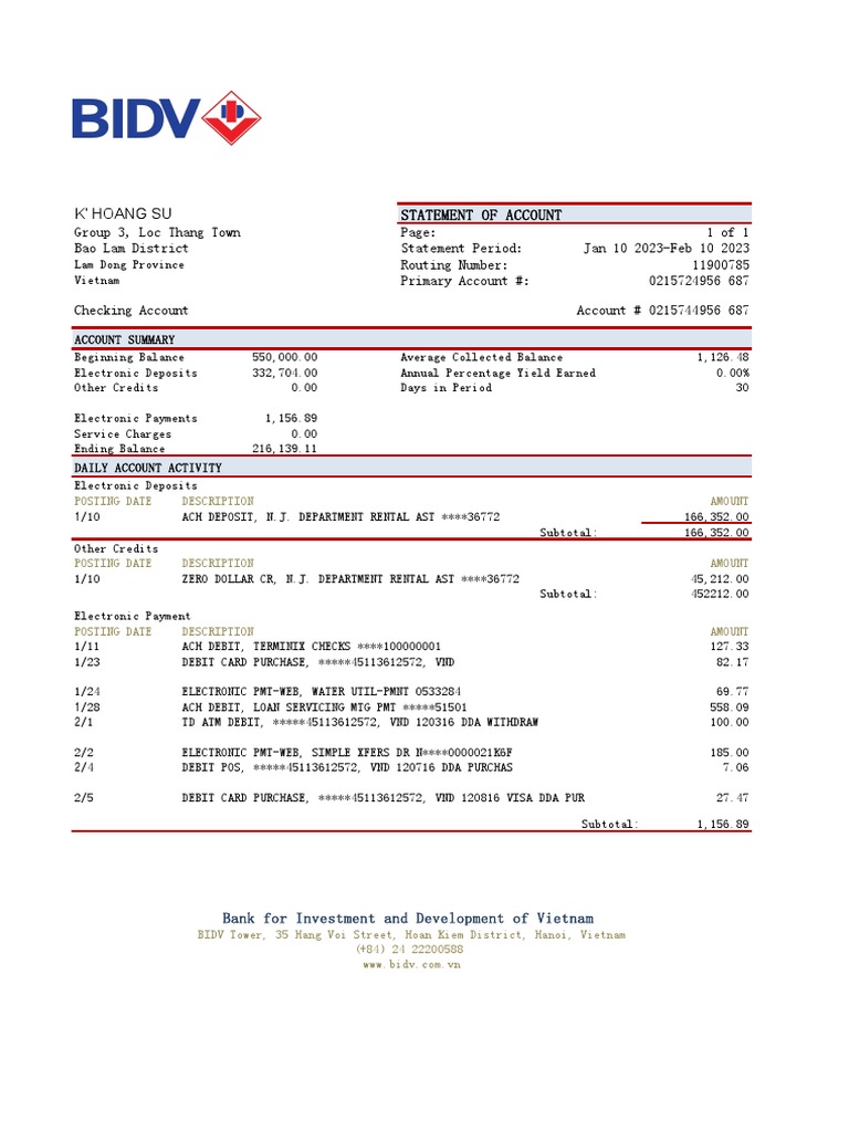 Vietnam BIDV Bank Statement | PDF | Debit Card | Economies