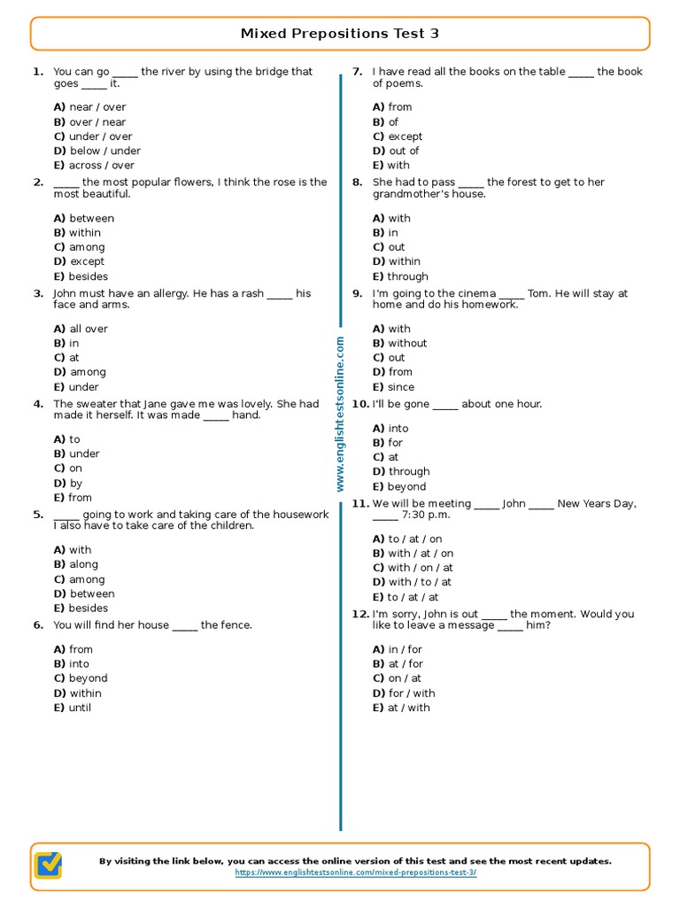 Mixed Prepositions Practice Test | PDF