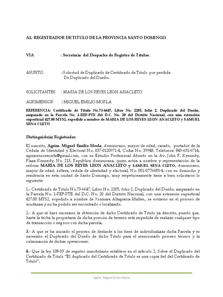 Solicitud de duplicado de certificado de título por pérdida | PDF