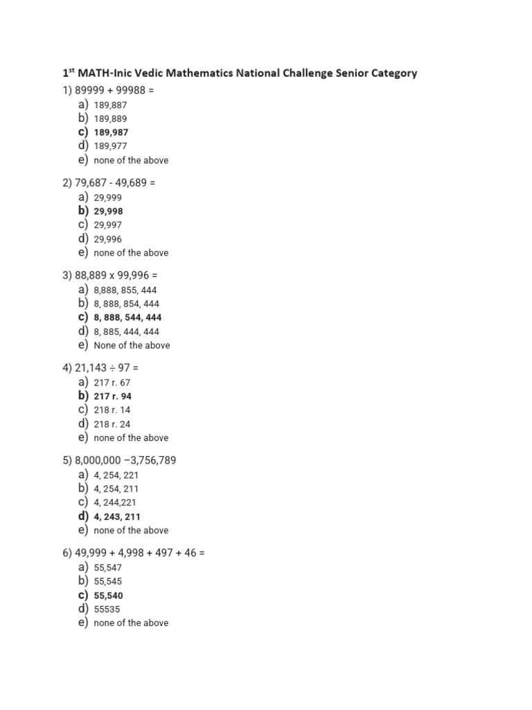 Vedic Mathematics National Challenge Practice Problems | PDF ...