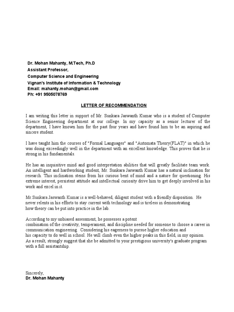 Lor Format of Vignan College | PDF