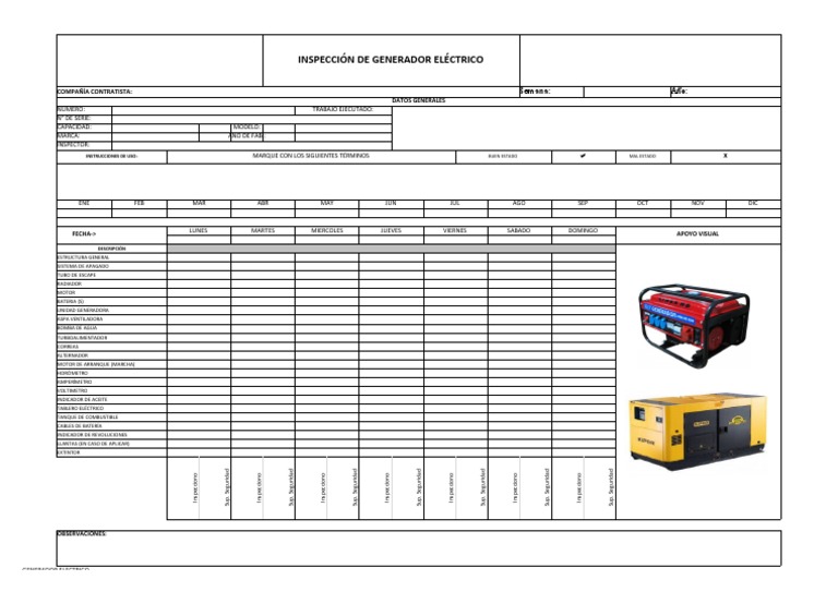 Generador Electrico Check List | Descargar gratis PDF | Transporte | Tecnología de vehículos