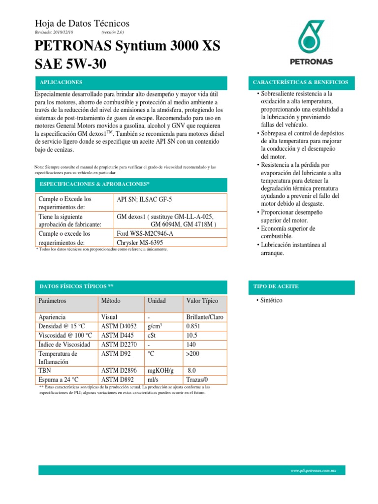PETRONAS Syntium 3000 XS 5W-30-TDS - by FL | PDF | Lubricante | Motores ...
