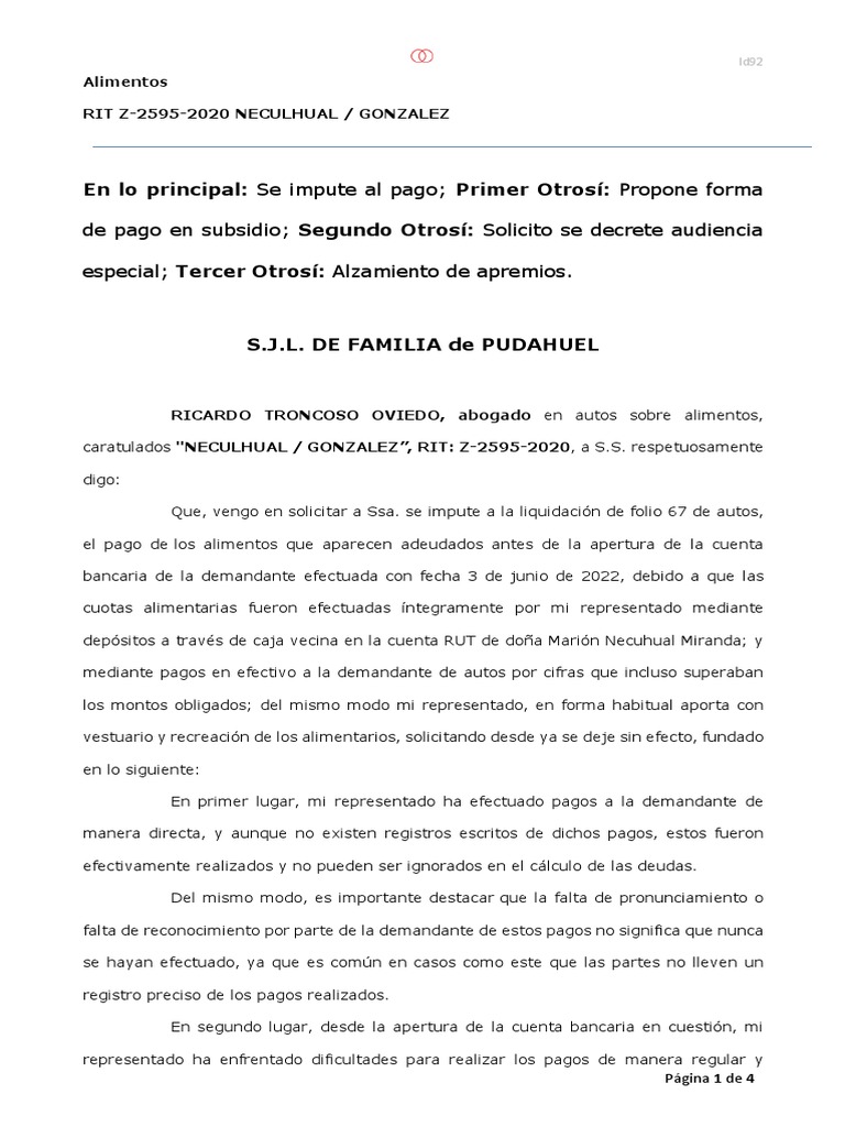 SE IMPUTE AL PAGO Deuda de Alimentos | PDF | Deuda