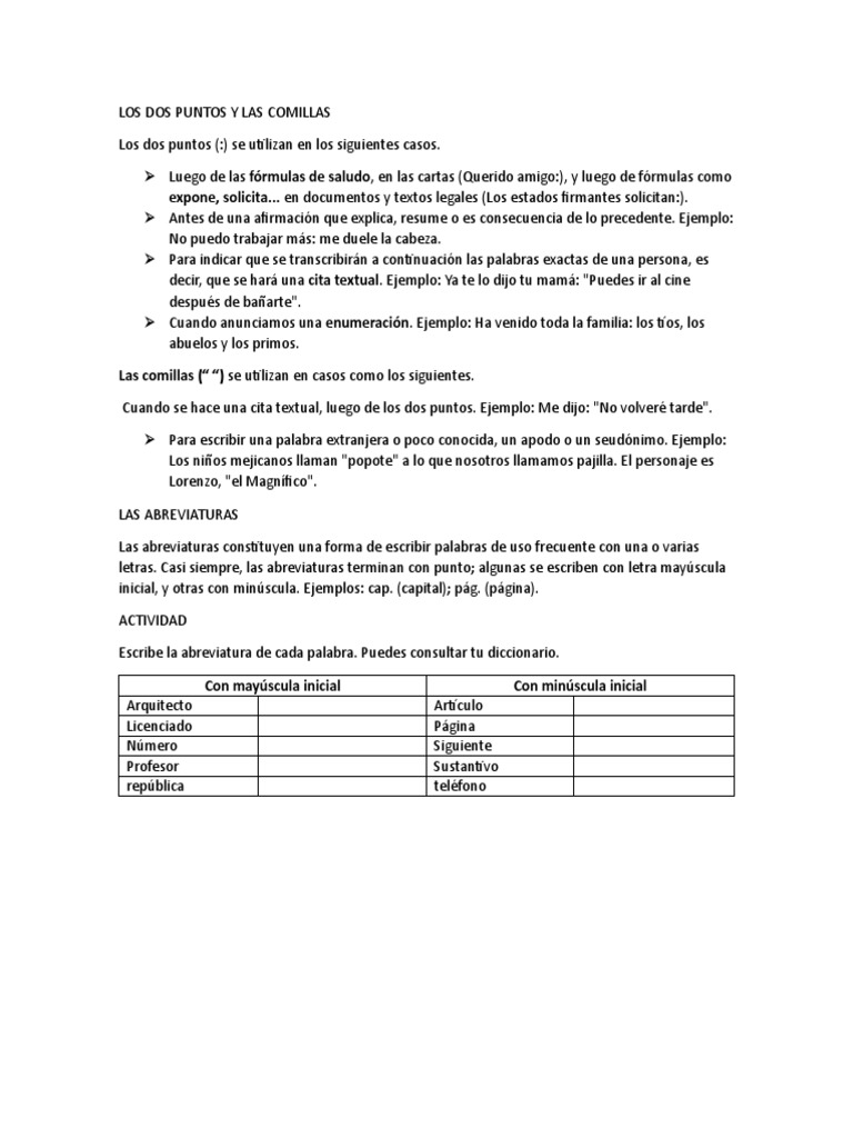 Uso de dos puntos, comillas y abreviaturas | PDF | Artes del Lenguaje y ...