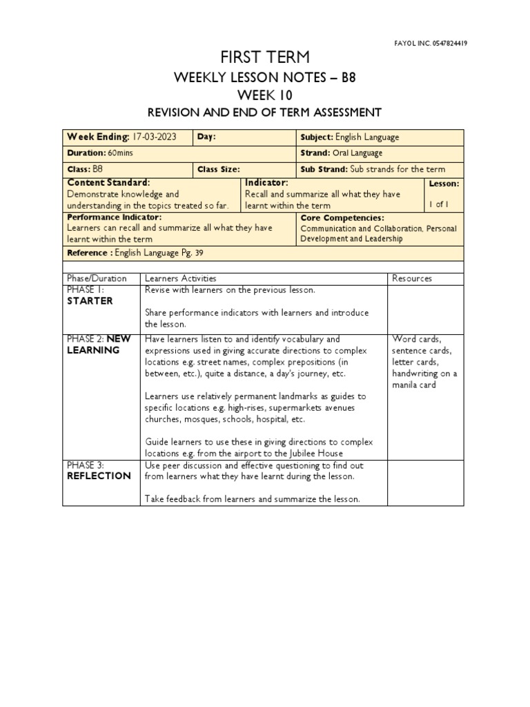 Revising and Summarizing the Term's Work: English Language Lesson Plans ...