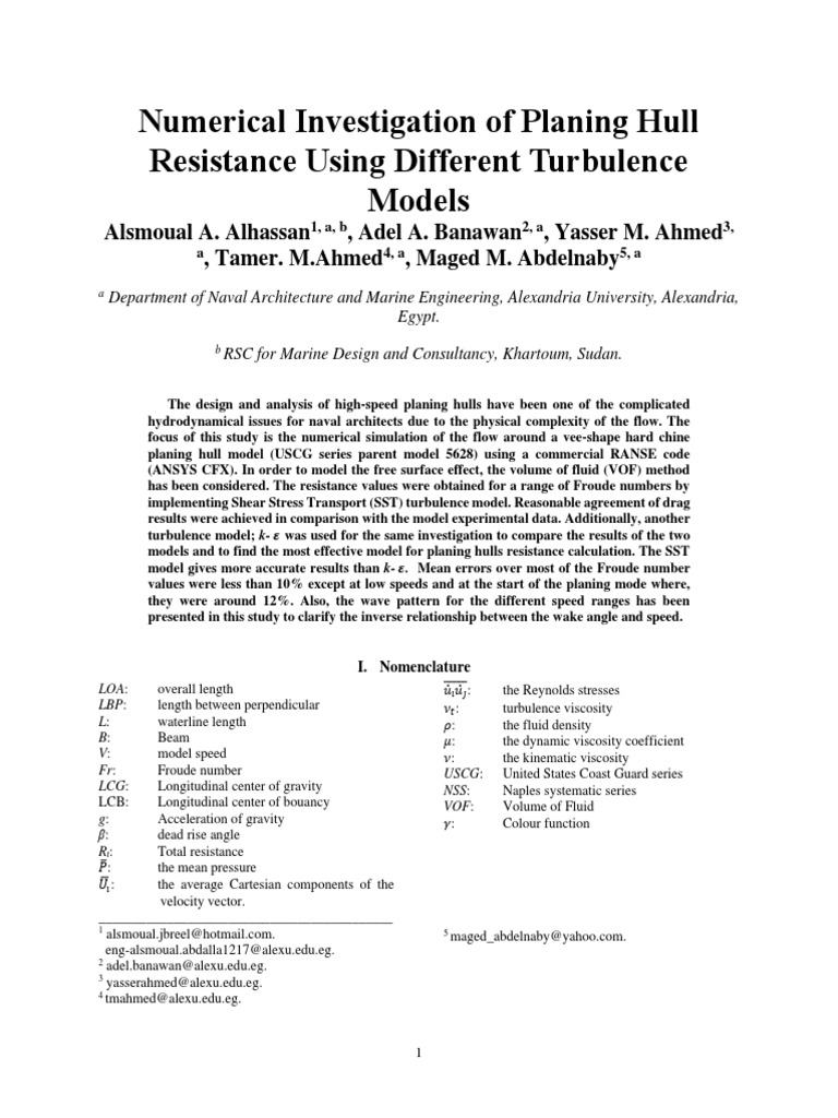 Numerical Investigation of Planing Hull Resistance Using Different Turbulence Models | PDF ...