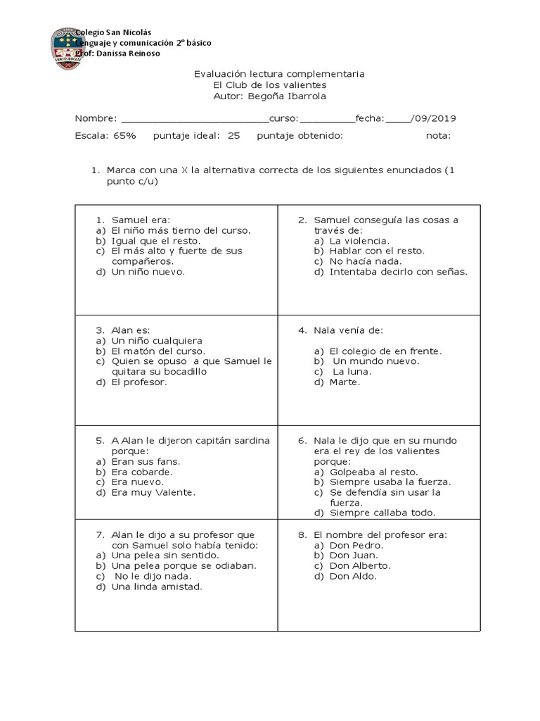 Evaluación de "El Club de los Valientes" | PDF