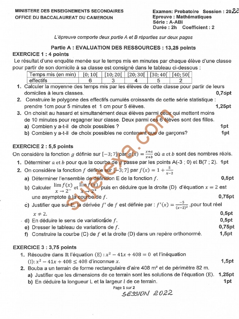 Mathematiques - Probatoire Serie A4 - Abi Session 2022 PDF | PDF