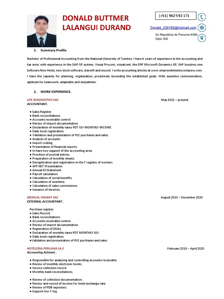 Donald Lalangui - CV-Contabilidad-2023-ENGLISH | PDF | Accounting | Business Economics