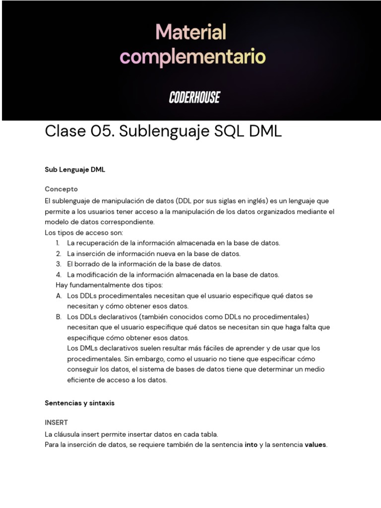 Clase 05 - Sublenguaje SQL DML | PDF | SQL | Datos de computadora