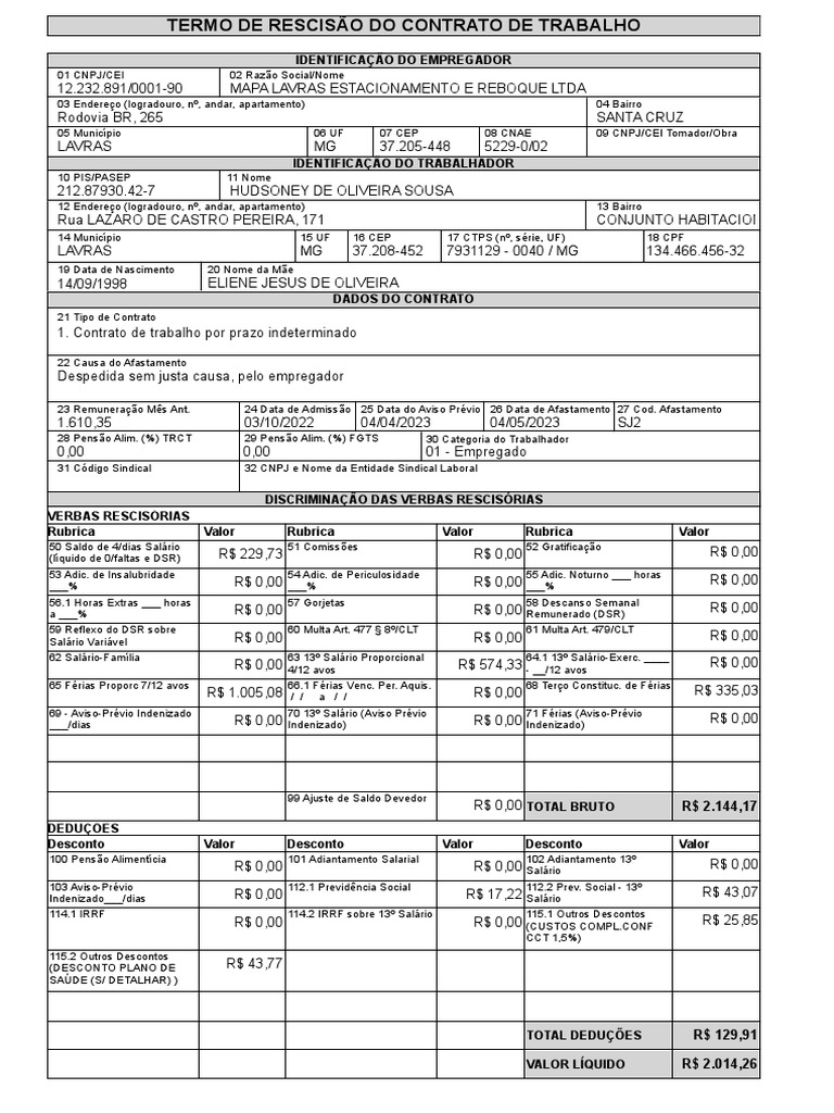 Recibo de Rescisão HUDSONEY | PDF | Férias trabalhistas | Hora extra