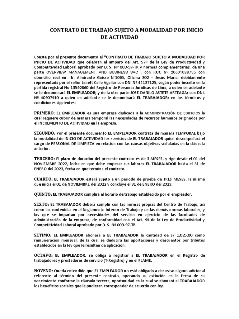 Contrato de Trabajo Sujeto A Modalidad Por Inicio de Actividad - JOSE DANILO | PDF | Derecho ...