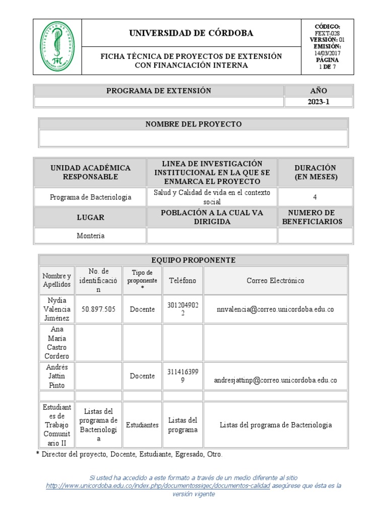 Ficha Técnica Proyecto de Extensión Fext 028 | PDF