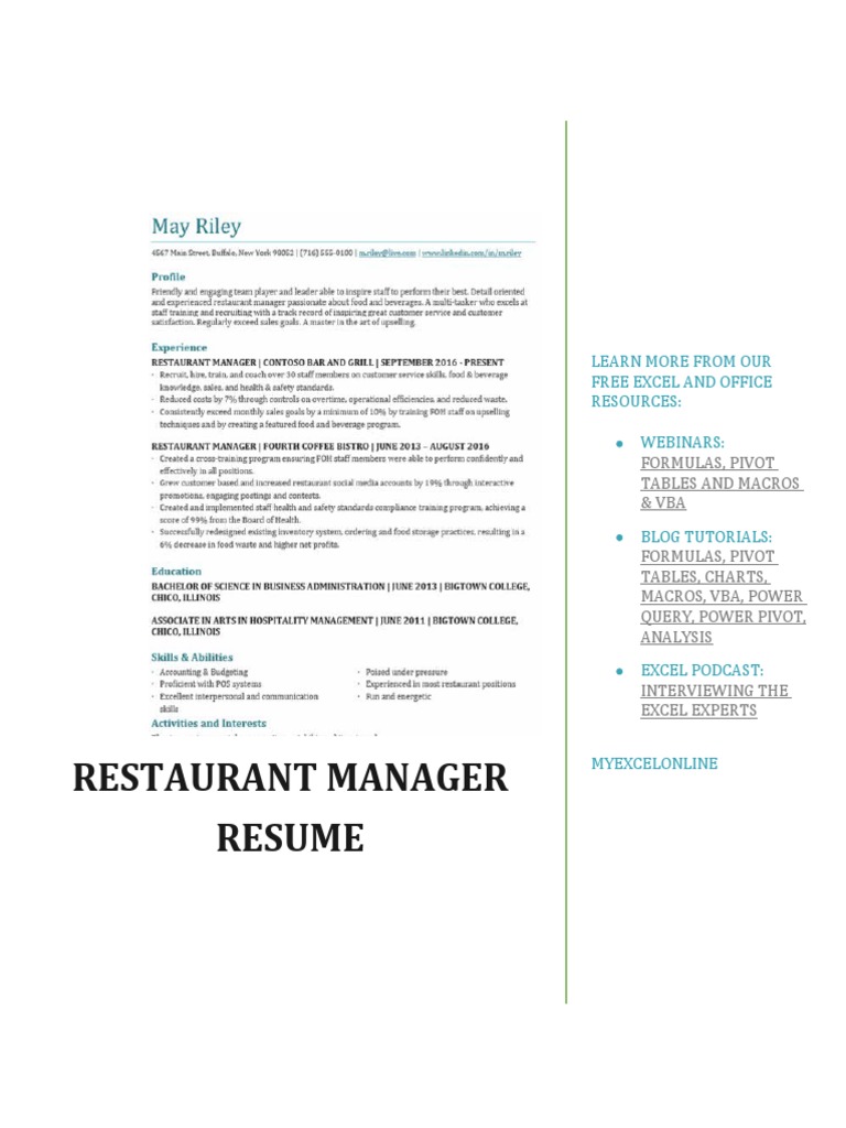 Restaurant Manager Resume | PDF | Microsoft Excel | Restaurants